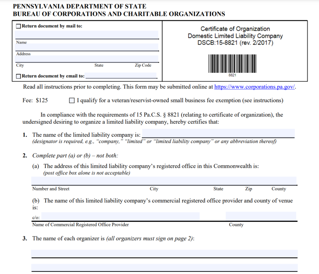 How To File A Certificate Of Organization In Pennsylvania Step By 
